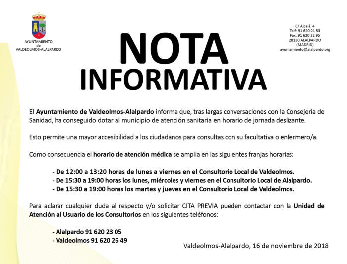 Nota Informativa - HORARIO DE ATENCIÓN MÉDICA